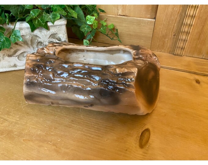 Vintage Log Shaped Pottery Planter | Brown Faux Wood Ceramic Pot ...