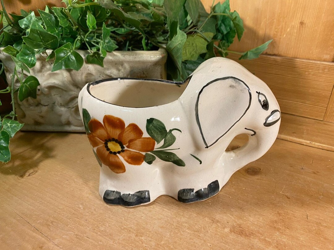Vintage Whimsical Ceramic Elephant Planter With Pink Flowers | Made in ...
