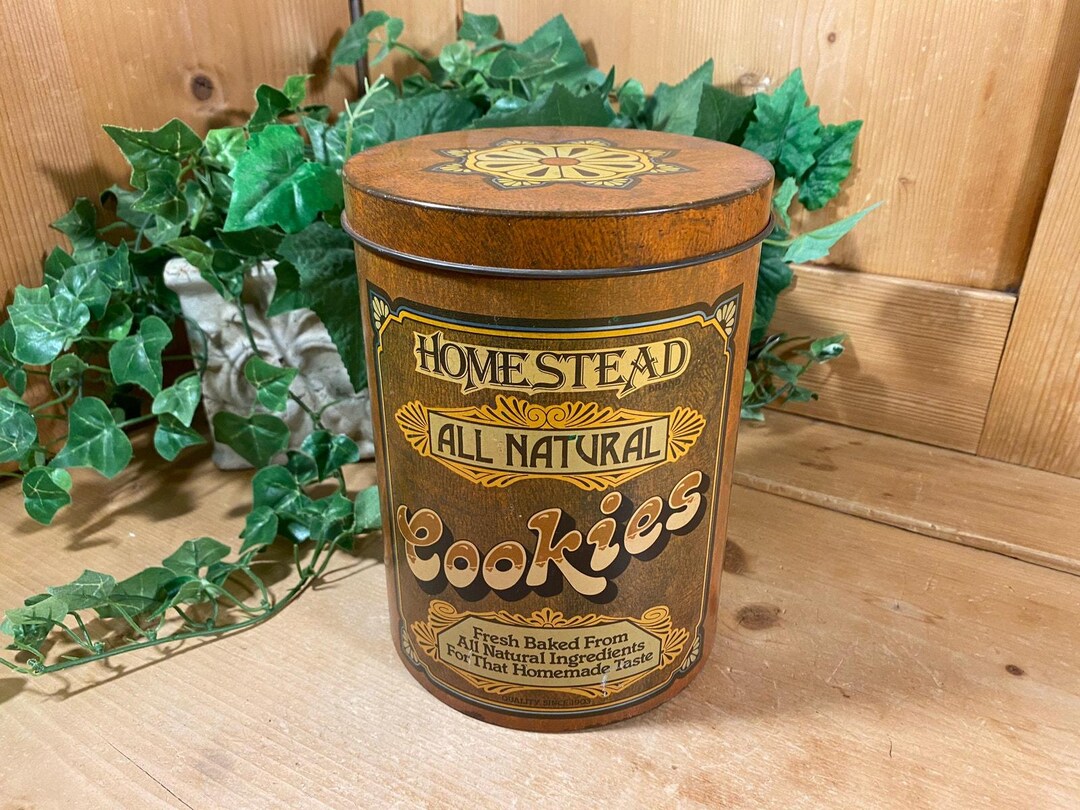 Vintage Homestead All Natural Cookies Tin | 1970s Kitchen Shelf Decor ...