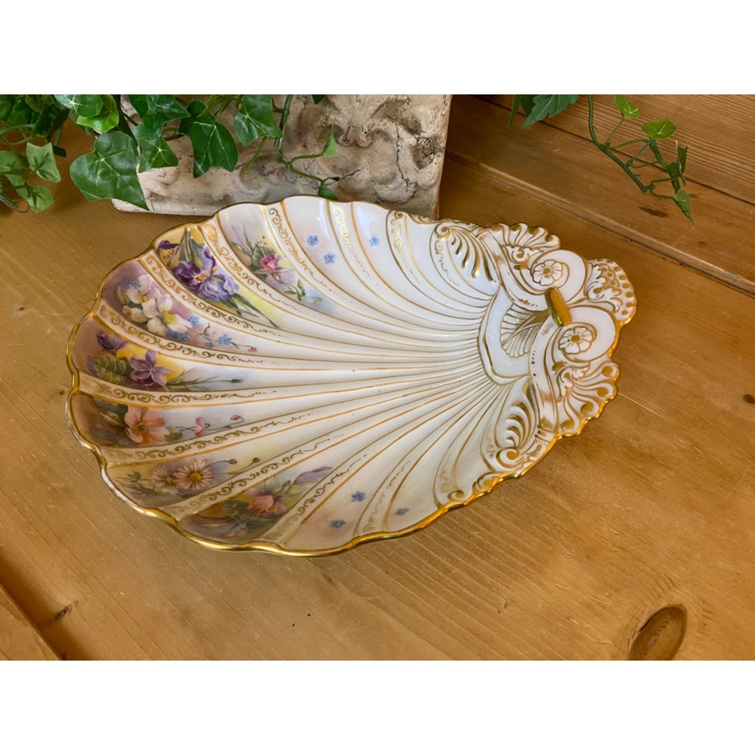 Vintage Ceramic Seashell Serving Platter With Handpainted Flowers and ...