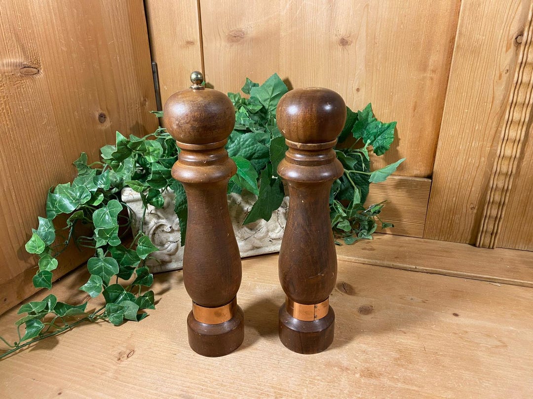 Vintage Tall Wooden Pepper Mill and Salt Shaker Set | Dark Brown Wood ...