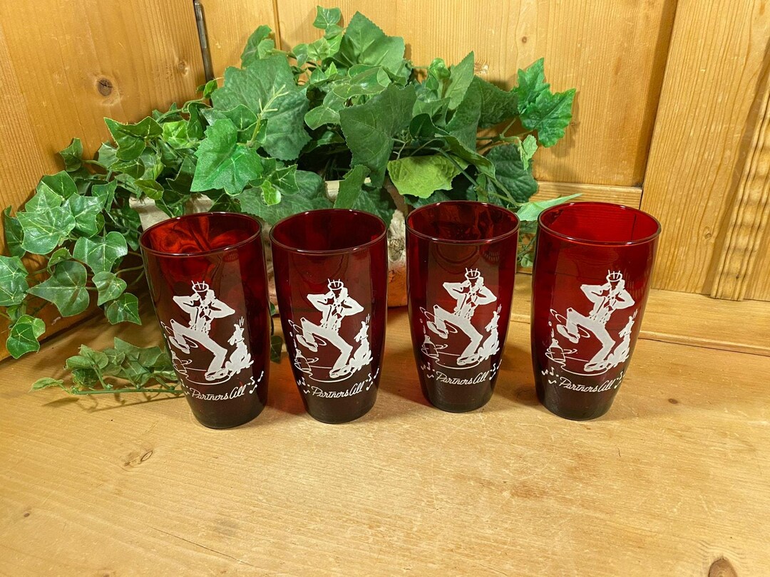 Vintage Ruby Red Glass Square Dancing Glasses - Set of 4 | Partners All ...