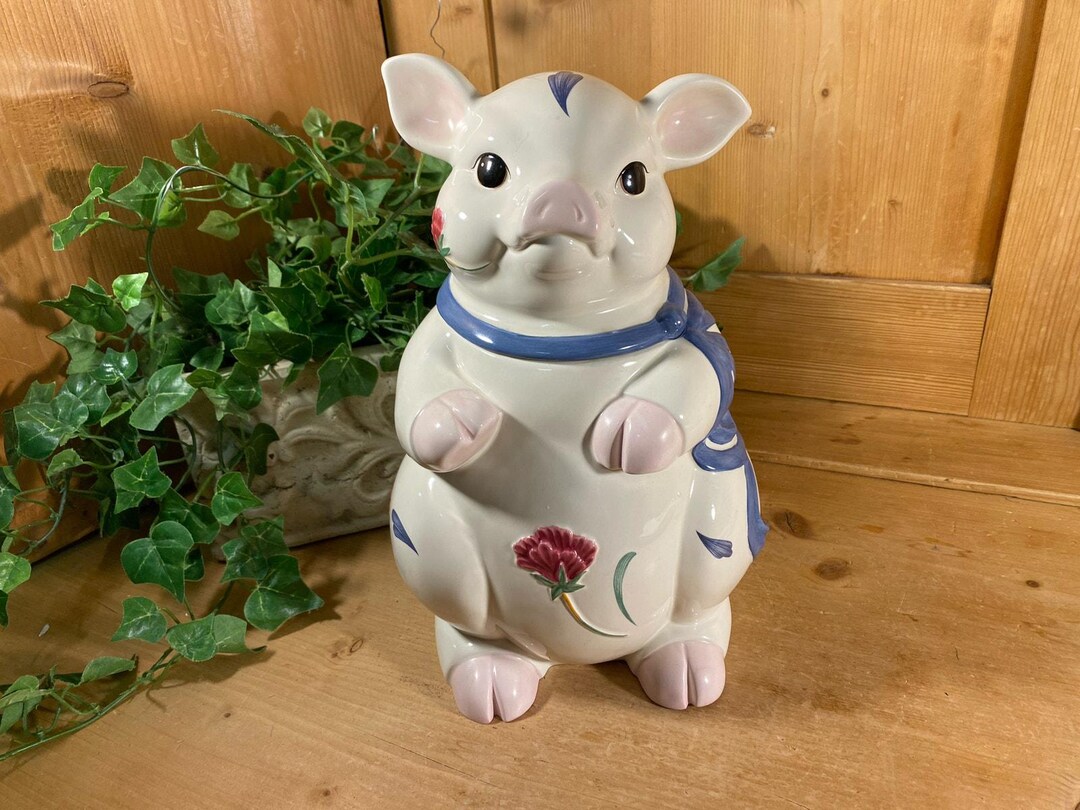 Vintage Ceramic Pig Cookie Jar Lenox Poppies on Blue Farmhouse Kitchen ...