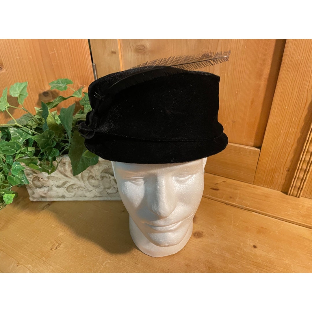 Vintage Womens Black Velvet Hat With Single Feather | Midcentury Modern ...