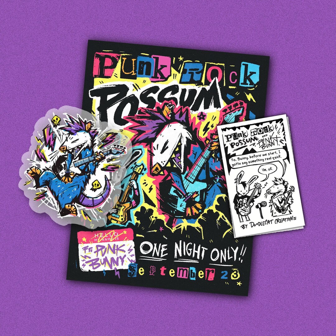Punk Rock Possum Print, Sticker & Zine // Vinyl Waterproof Sticker ...