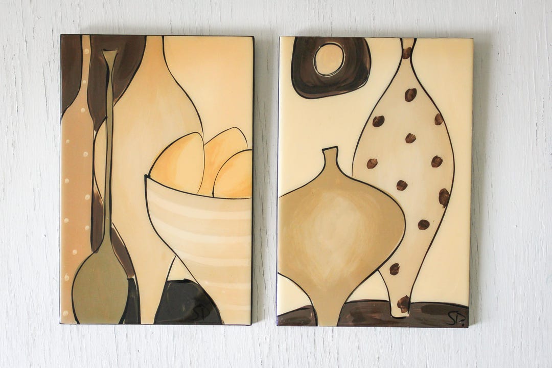 Pair of Y2k Vintage Handpainted Ceramic Wall Tiles by Sharon Peterkin ...