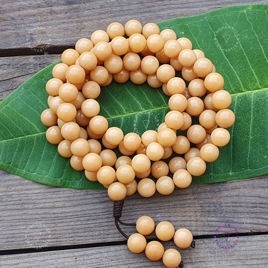 Natural Aged Weathered Bodhi Root Prayer Mala Beads, Natural Yellow ...