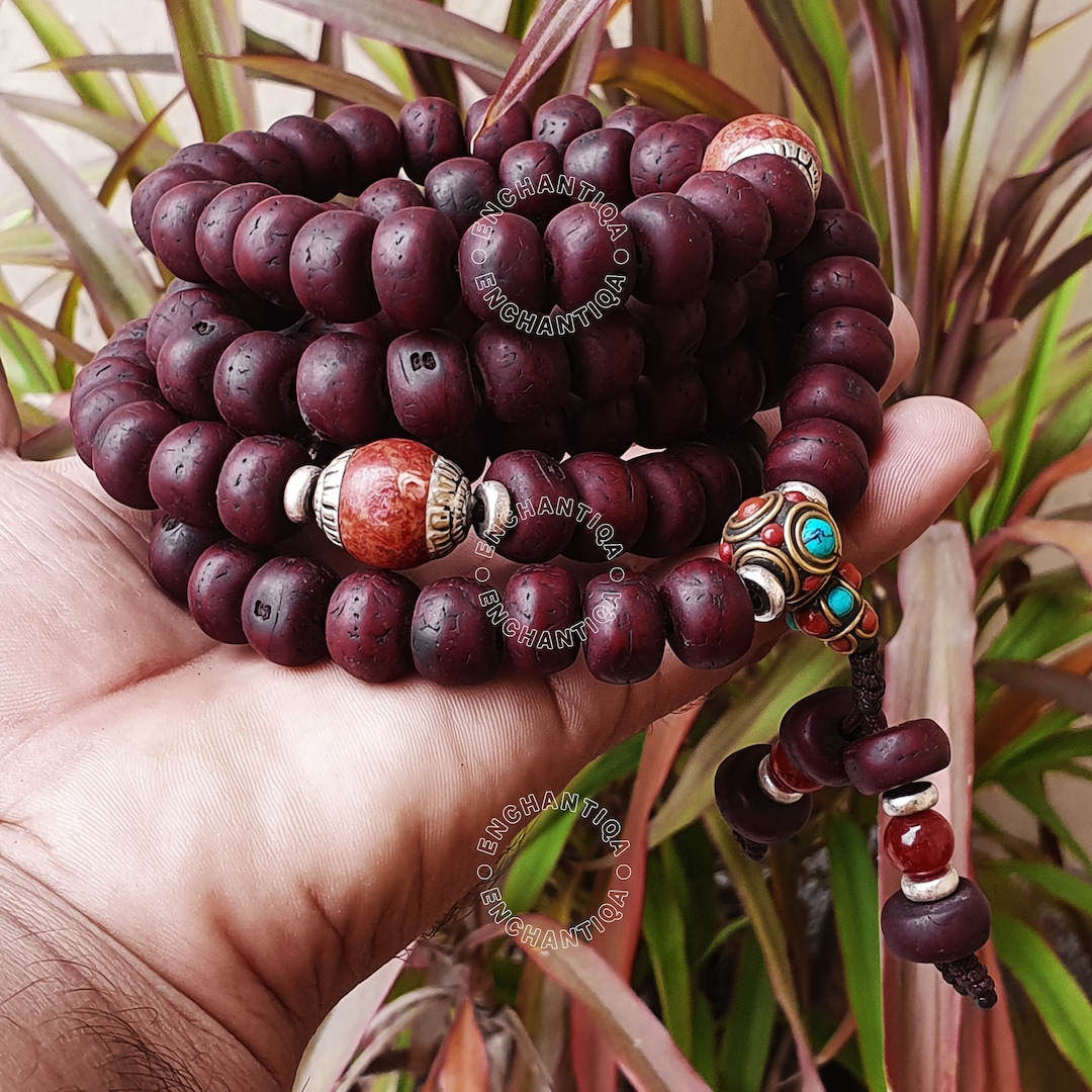 Natural Antique Bodhi Seed Mala With Red Jade Counter Beads, 108 ...