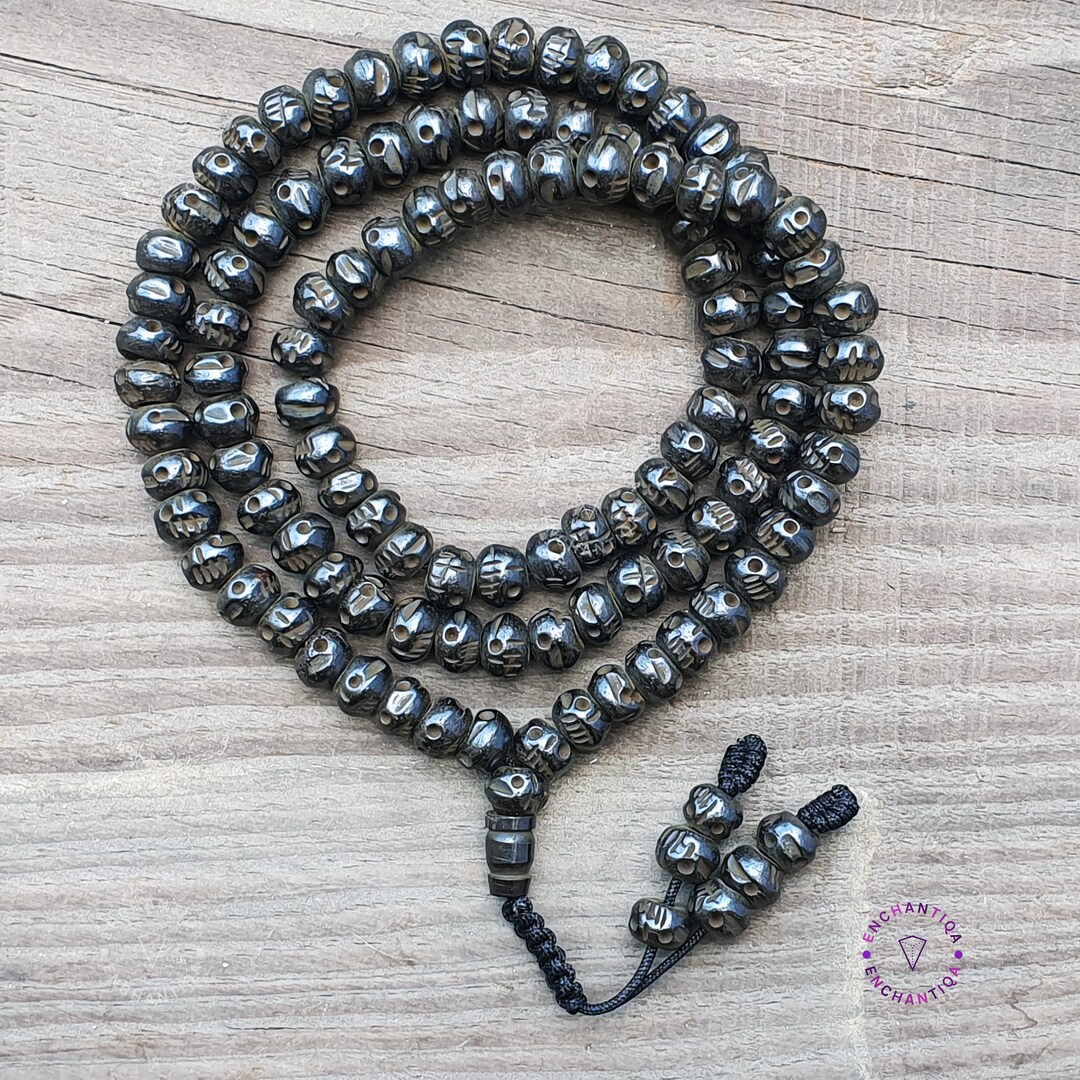 108 Black Mala Skull Prayer Beads, Yak Bone Skull Japa Mala, Bone and ...