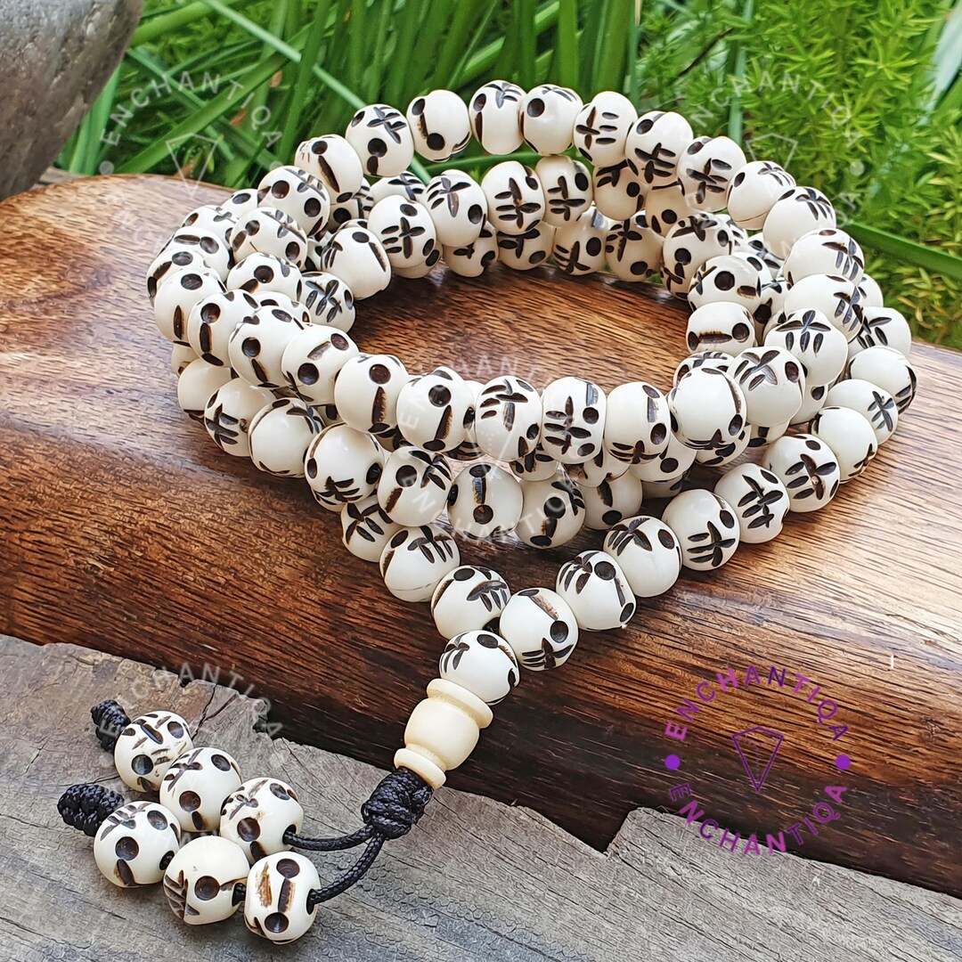 Yak Bone Skull Mala: Beige Buddhist Prayer Beads, 108 Mala Skull Prayer ...
