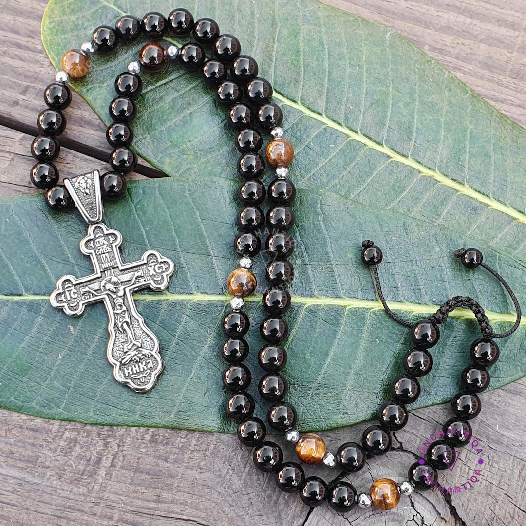 Orthodox Crucifix Necklace: Tiger Eye & Black Onyx Beaded Cross - Etsy