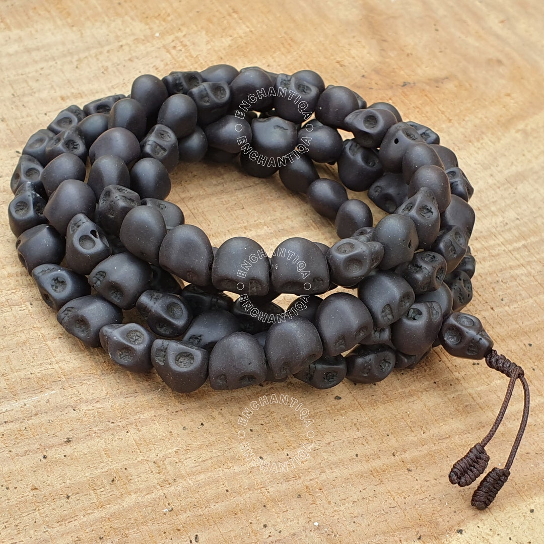 Tibetan Black Skull Mala Necklace, 12 Mm Beads With Adjustable Sliding ...