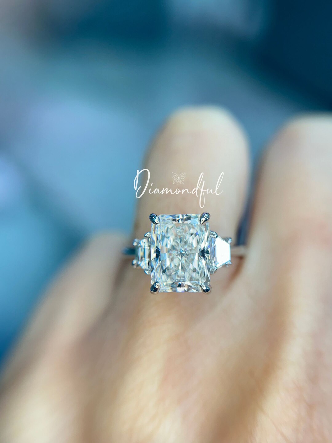 Radiant Cut Lab Grown Diamond Engagement Ring With Two Trapezoids ...