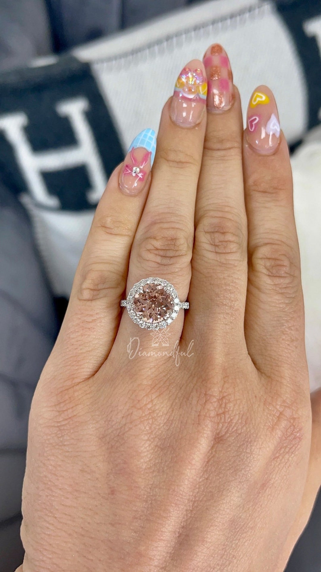 Round Shaped Morganite Engagement Ring With Diamond Halo, 14K Morganite ...