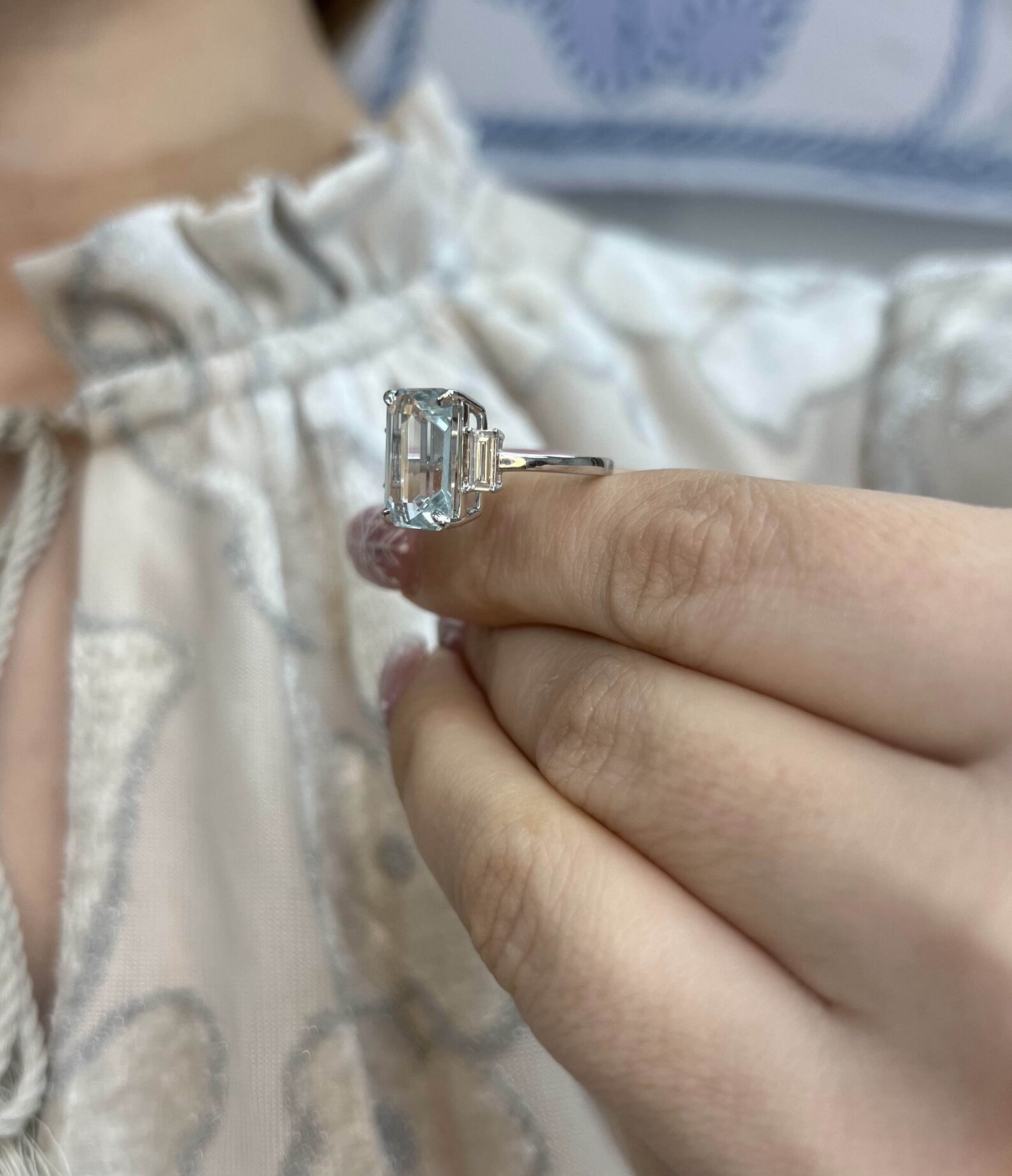Three Stone Santa Maria Emerald Cut Aquamarine With Baguette | Etsy