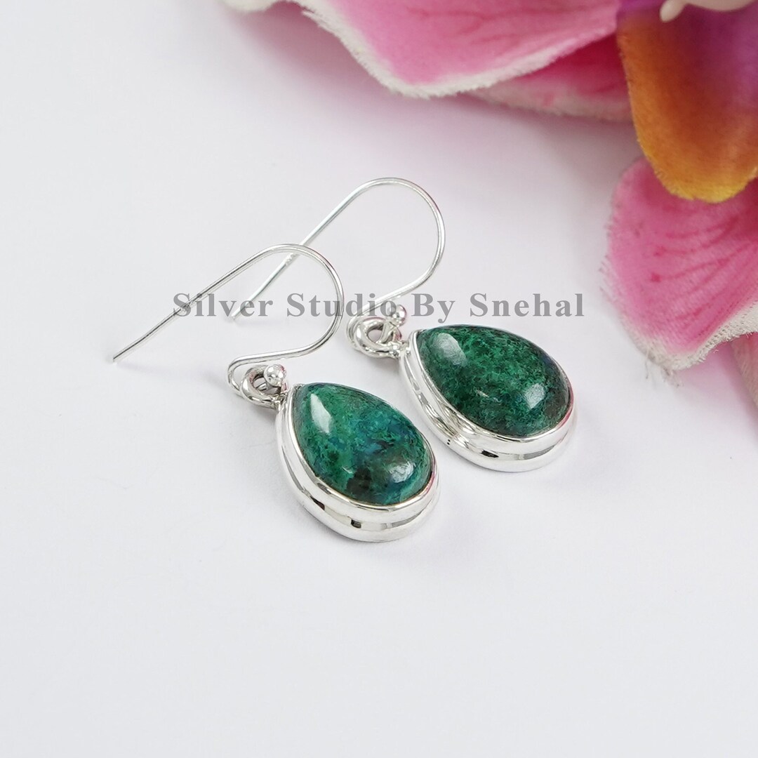 Natural Chrysocolla Earrings, Handmade 925 Sterling Silver Earrings, Gift for Her, Teardrop ...