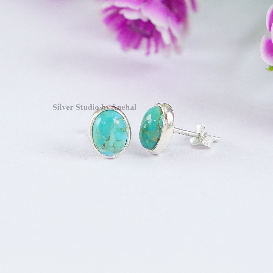 Natural Turquoise Stud Earrings, 925 Sterling Silver Stud Earring ...