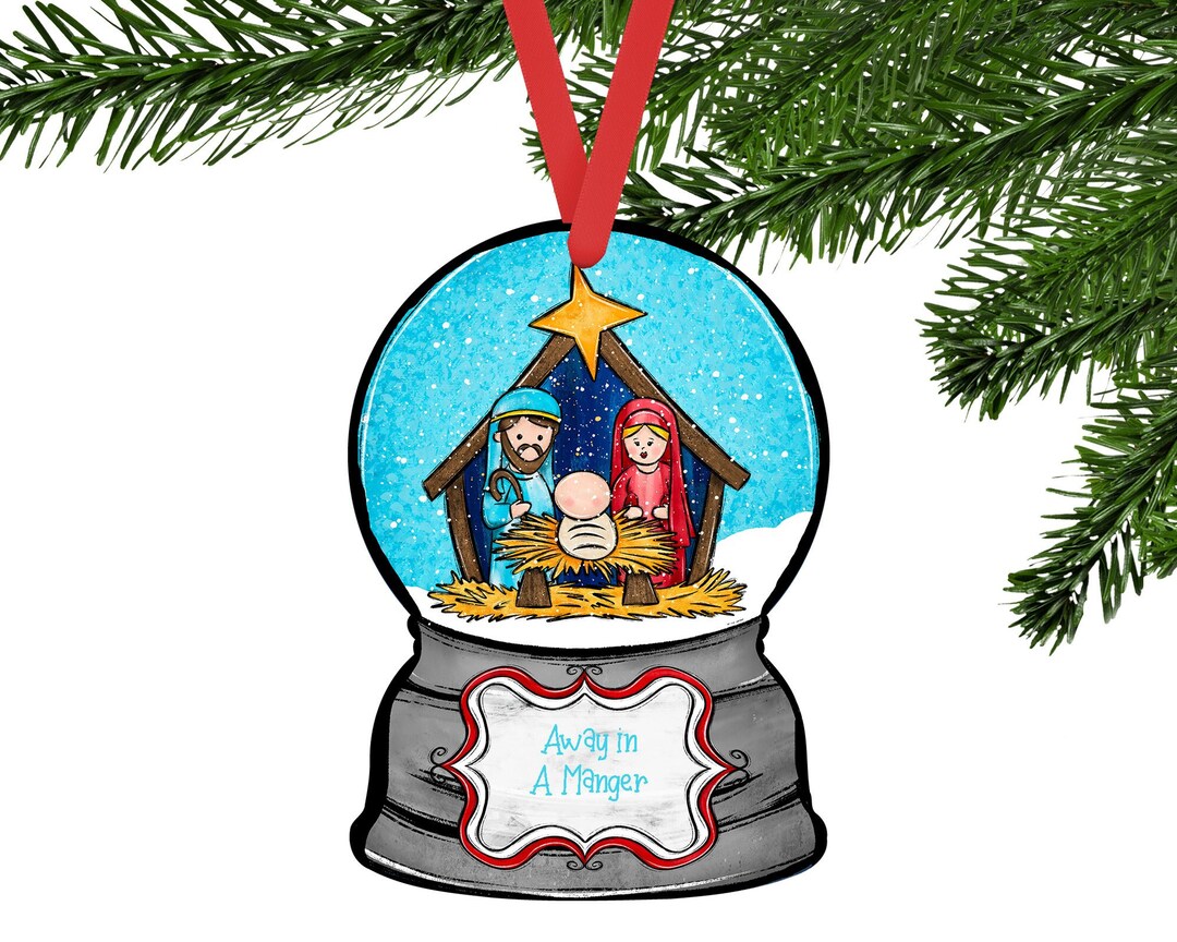Away in a Manger Whimsical Nativity Snow Globe Shaped Hardboard ...