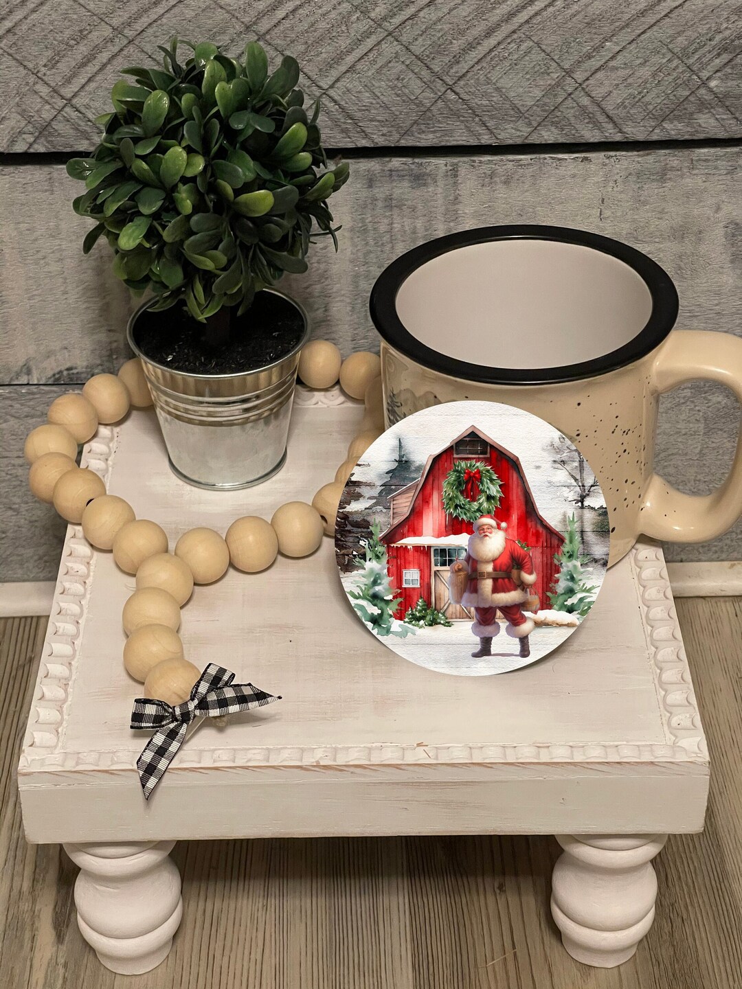 Retro Santa Barn Farm Farmhouse Round Shaped Tiered Tray Hardboard ...