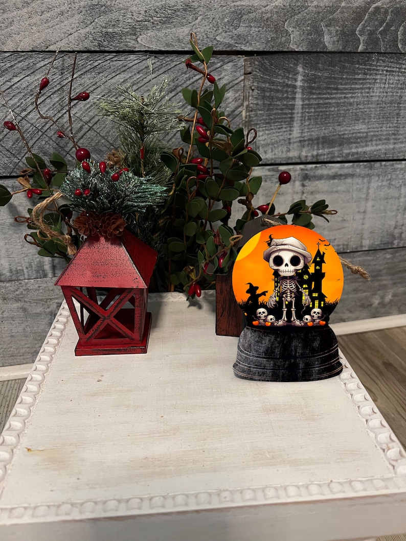 Skeleton Haunted House Snow Globe Shaped Tiered Tray Hardboard Ornament ...