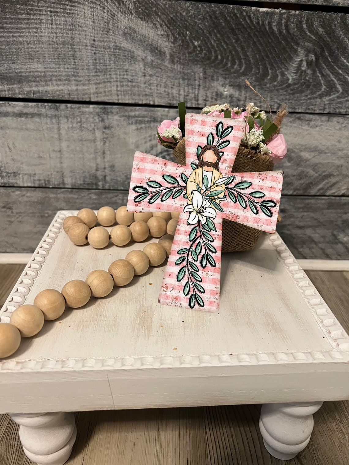 Gray, Blue Plaid or Pink Plaid Jesus Cross Shaped Tiered Tray Hardboard ...