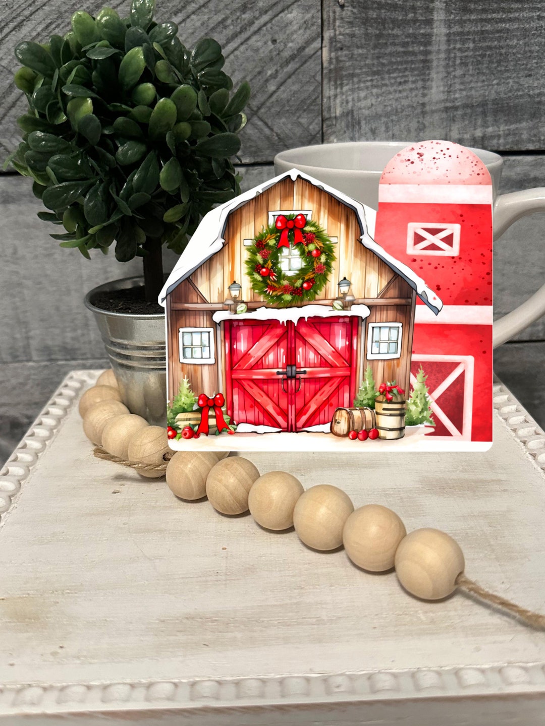 Snowy Christmas Barn With Silo Shaped Tiered Tray Hardboard Ornament ...