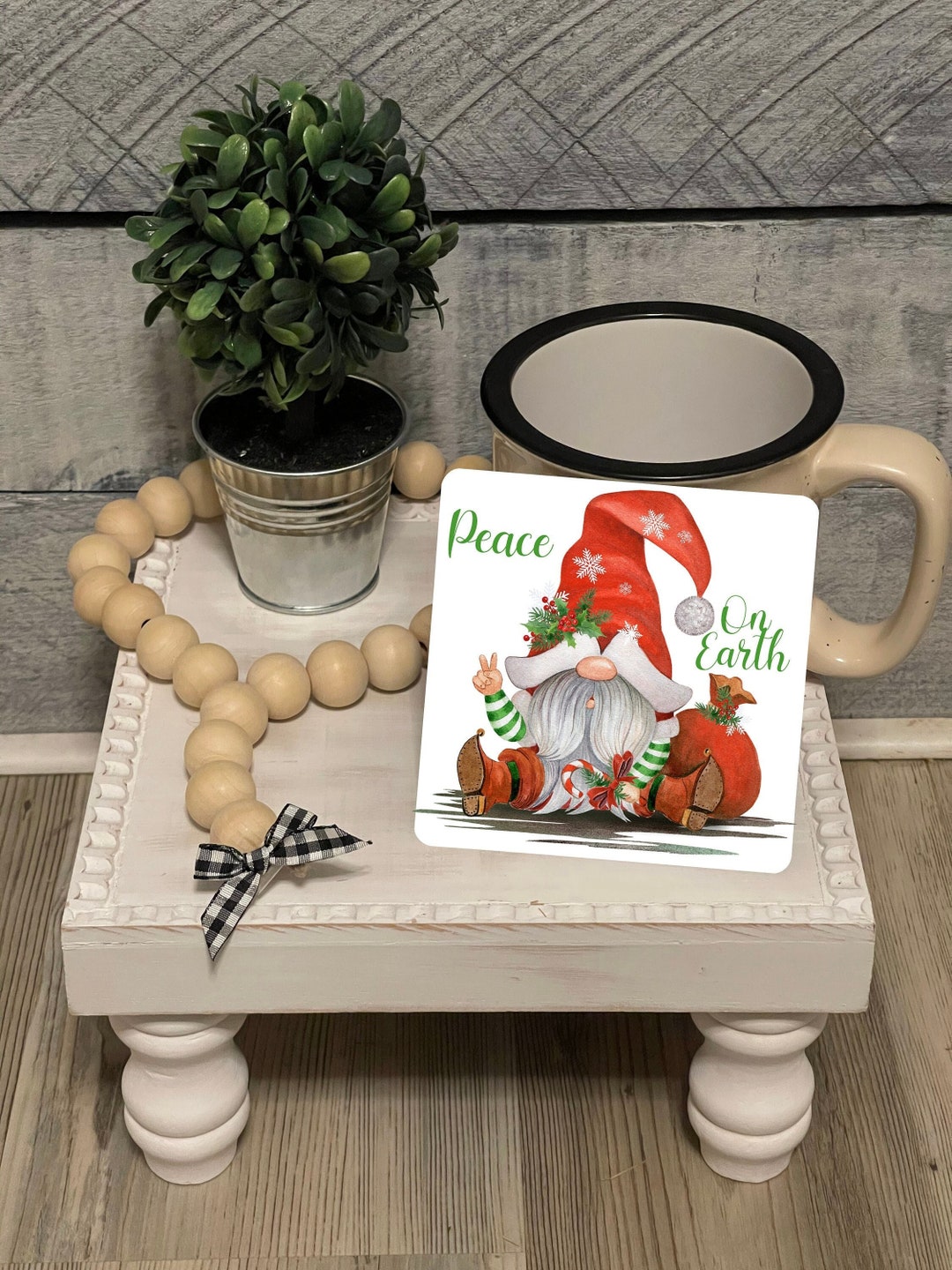 Peace on Earth Santa Gnome Peace Sign Farmhouse Square Shaped Tiered ...