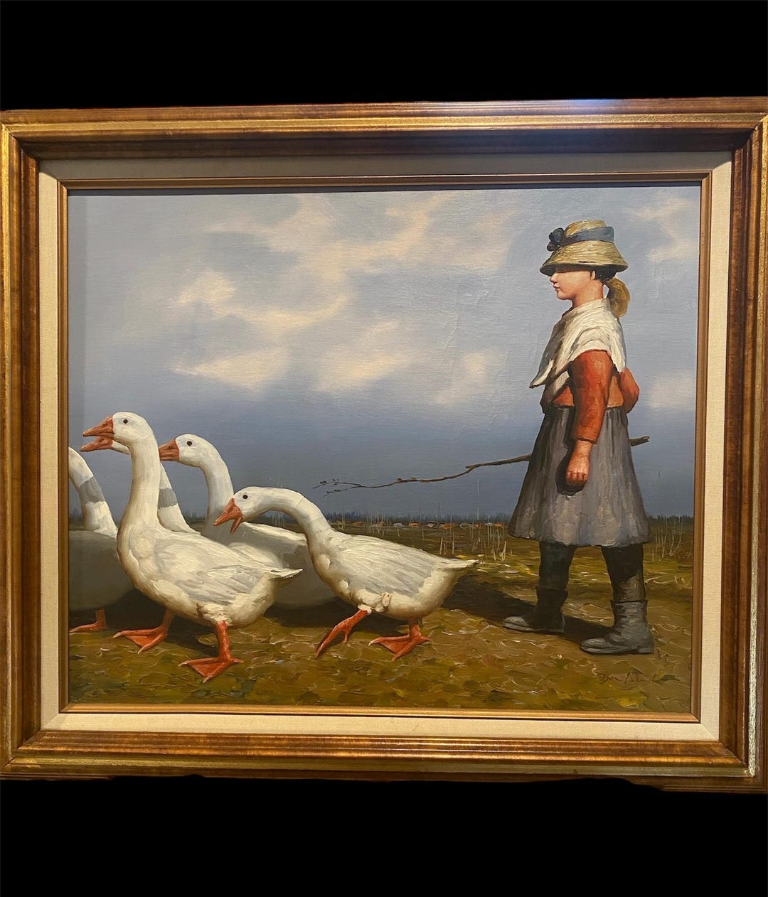 Original Vintage Acrylic Painting,girl Walking With Geese, Dan Bench ...