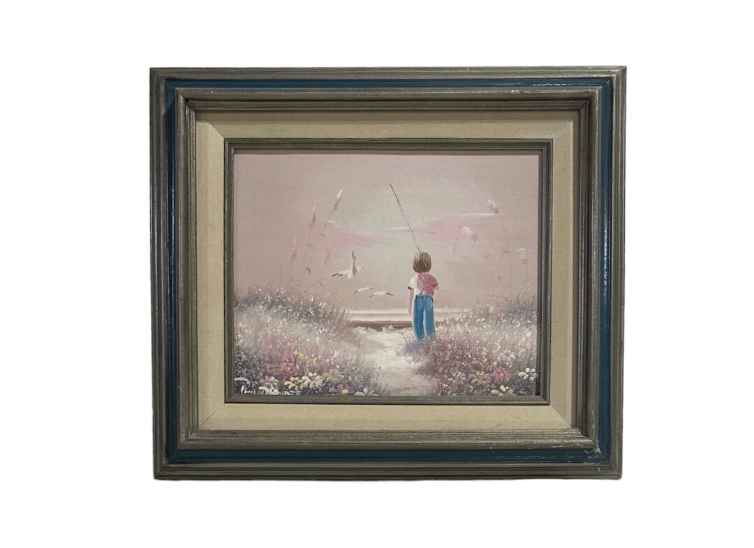 Vintage Oil Painting, A Boy Fishing, by Philip Sandee, Wooden Framed 15 ...