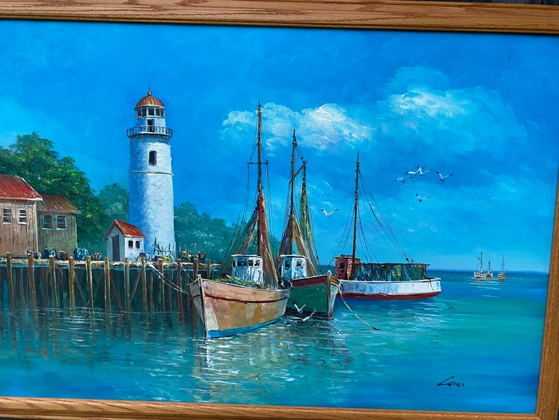Vintage Oil Painting Fishing Boats at Dock. by John Luini - Etsy