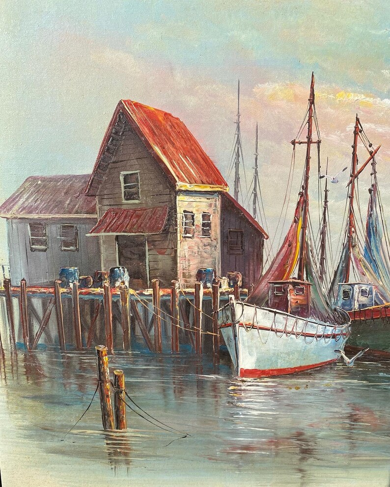 Vintage Original Oil Painting of N. E. Fishing Seascape Harbor by John ...