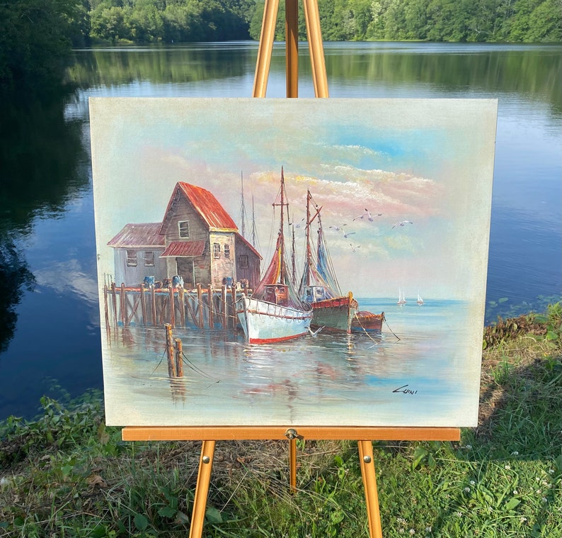 Vintage Original Oil Painting of N. E. Fishing Seascape Harbor by John ...