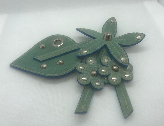 Miu Miu Oversized Green Leather Flower & Leaf Brooch… - Gem