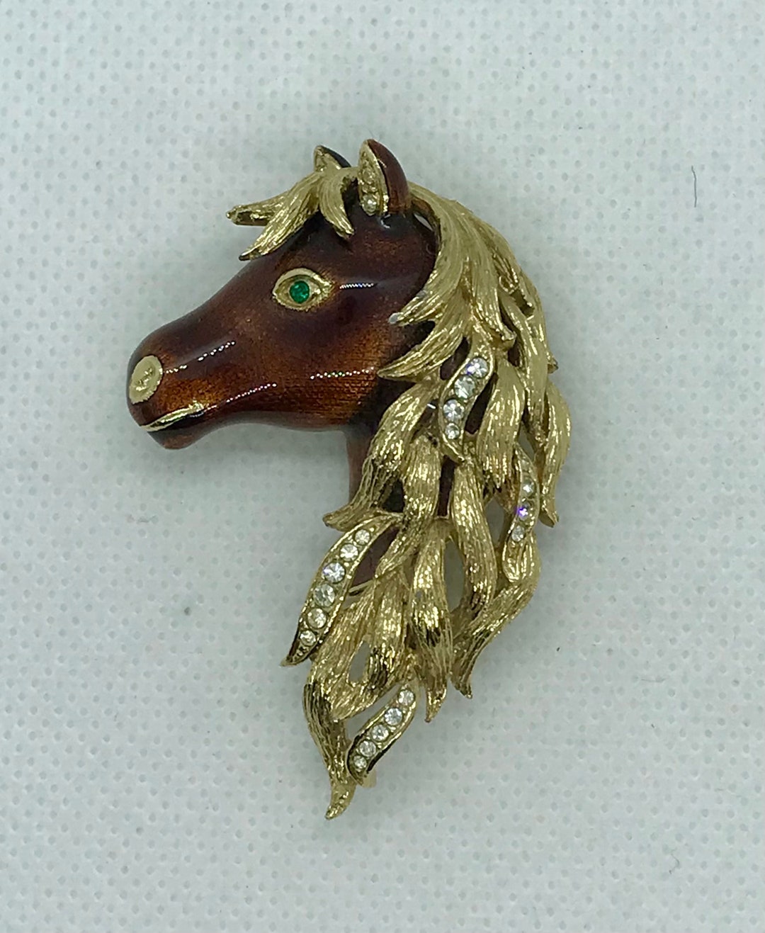 Grande broche de cheval Attwood et Sawyer tête en émail brun, crinière ...