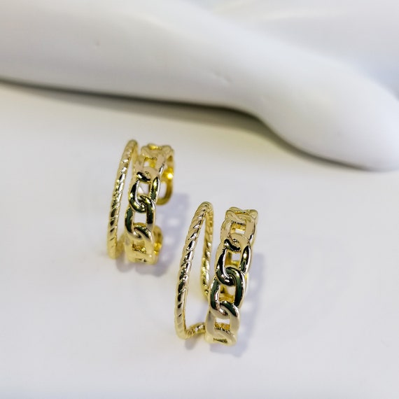 Two In One Ring Simple Line And Chain Gold Ring Chain Link | Etsy