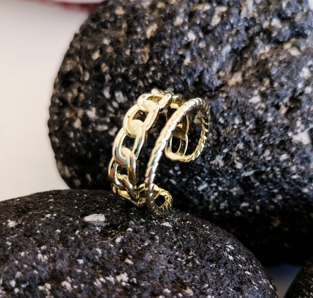 Two in One Ring Simple Line and Chain Gold Ring Chain Link - Etsy