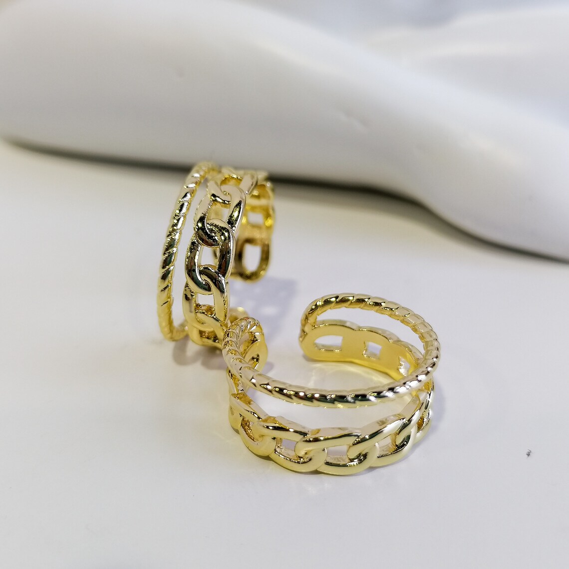 Two in One Ring Simple Line and Chain Gold Ring Chain Link - Etsy