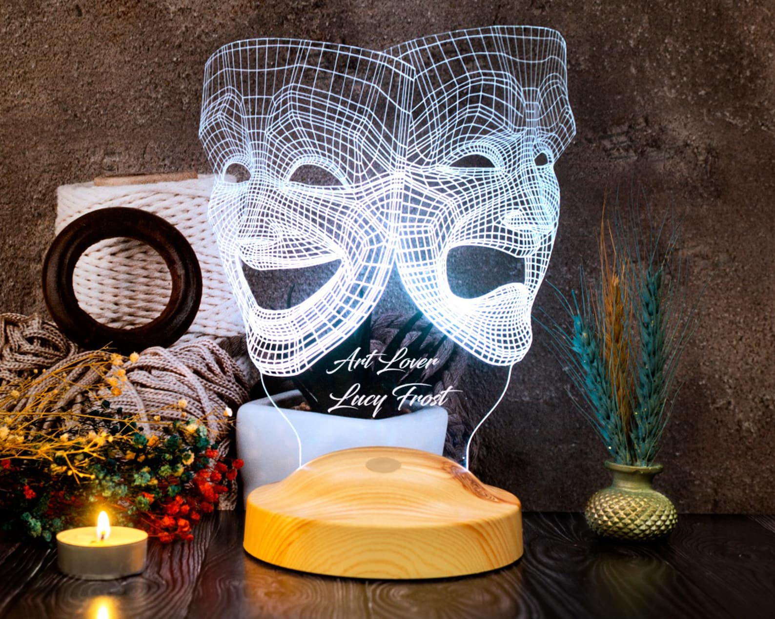Comedy Tragedy Masks 3D Led Lamp Personalized, Sock and Buskin, Gift ...