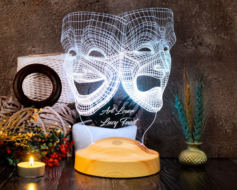 Comedy Tragedy Masks 3D Led Lamp Personalized, Sock and Buskin, Gift ...
