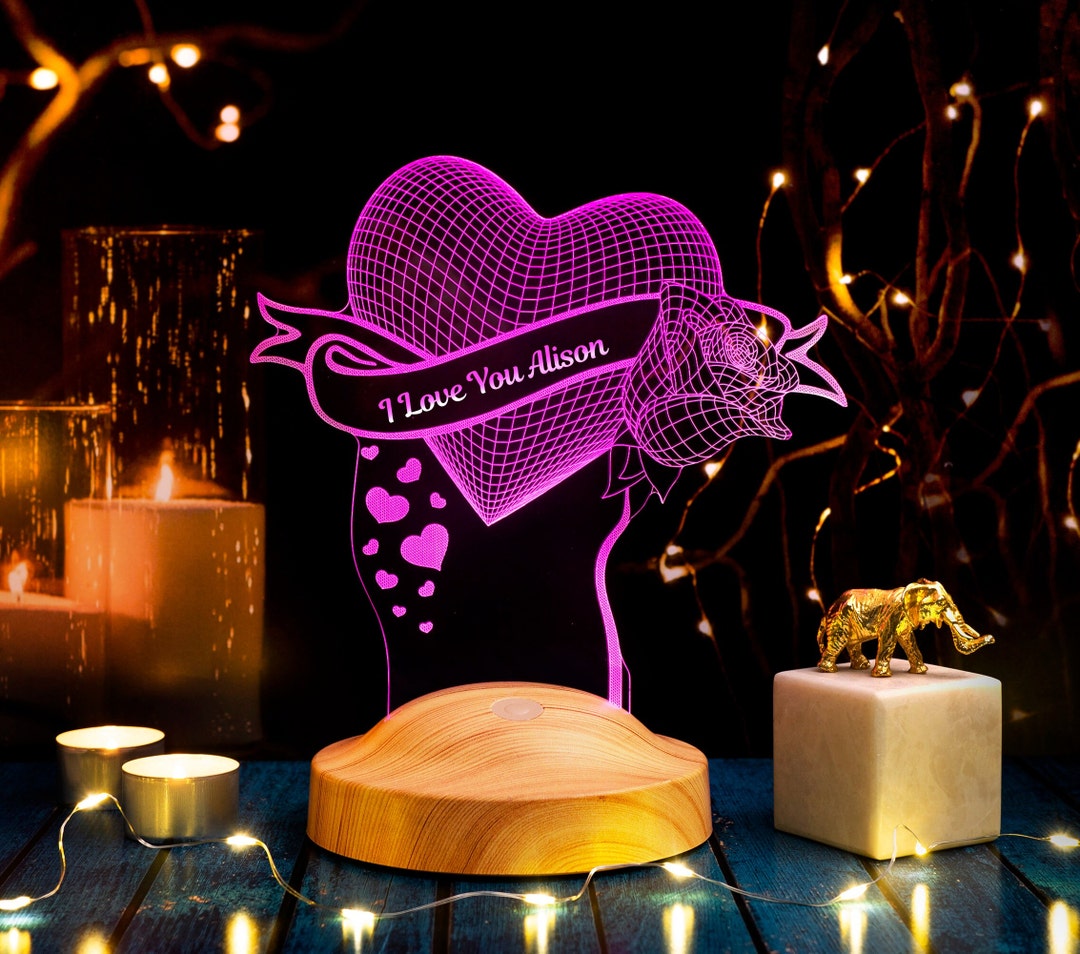 Personalized Heart Rose 3D LED Lamp, Anniversary Gift - Etsy