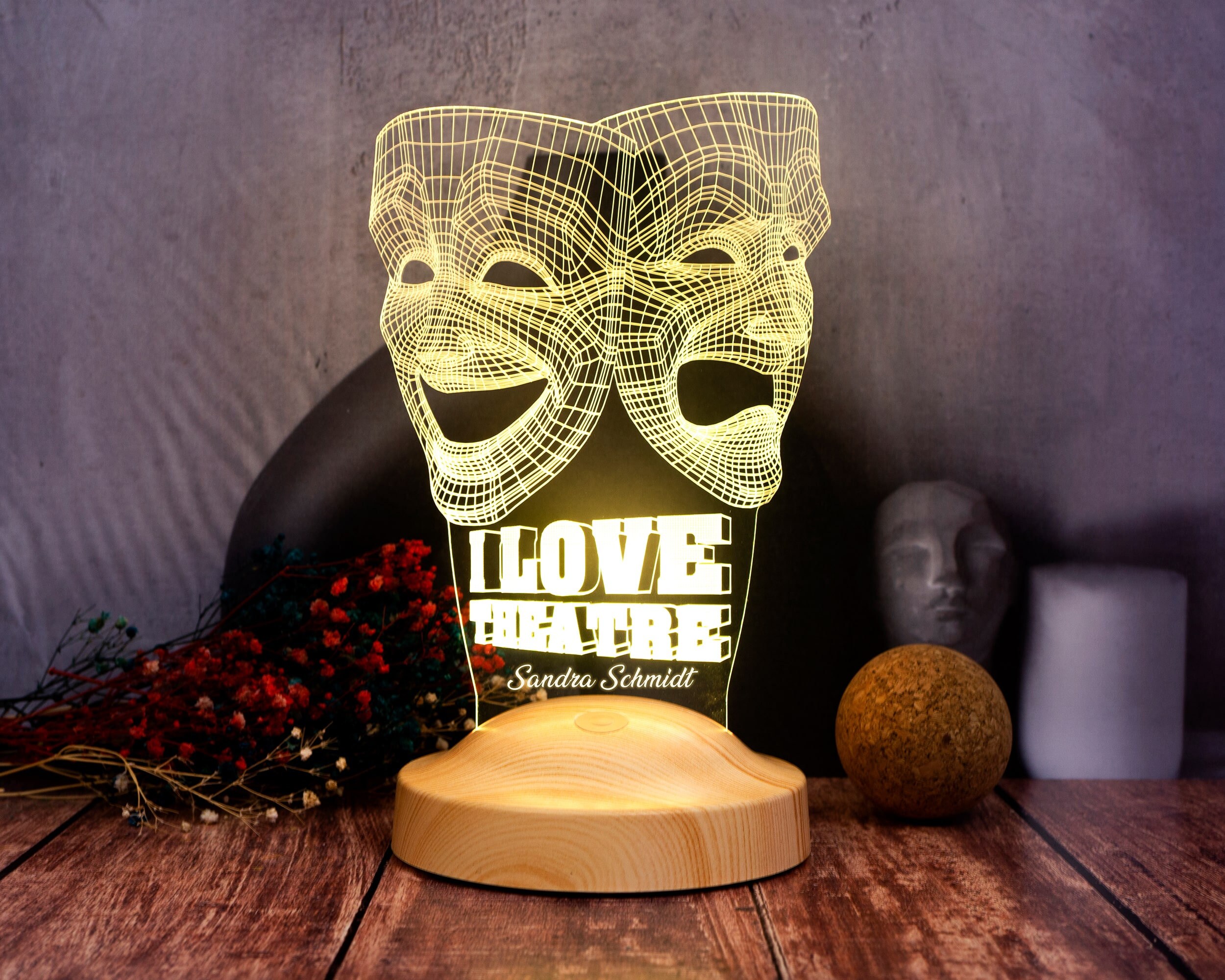 Comedy Tragedy Masks 3D Led Lamp Personalized, Sock and Buskin, Gift ...