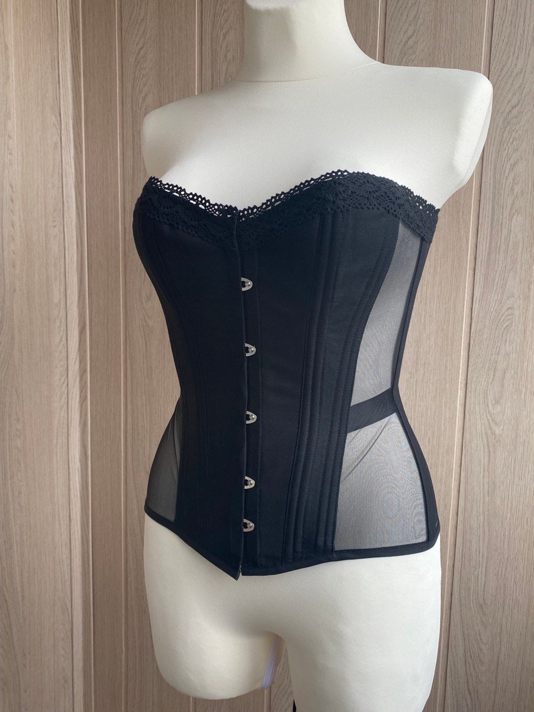Victorian Overbust Black Corset With Busk and Lace, Cotton and Mesh ...