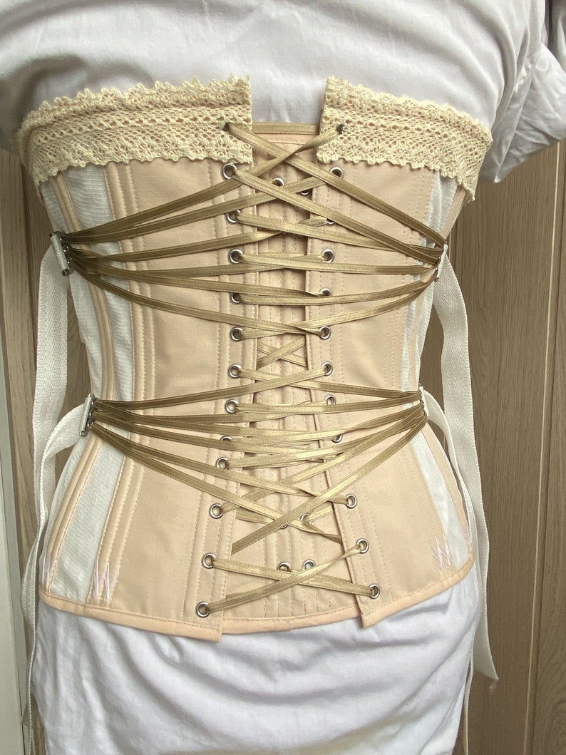 Midbust Corset With Fan Laced and Busk, Ivory Mesh Renaissance Corset ...