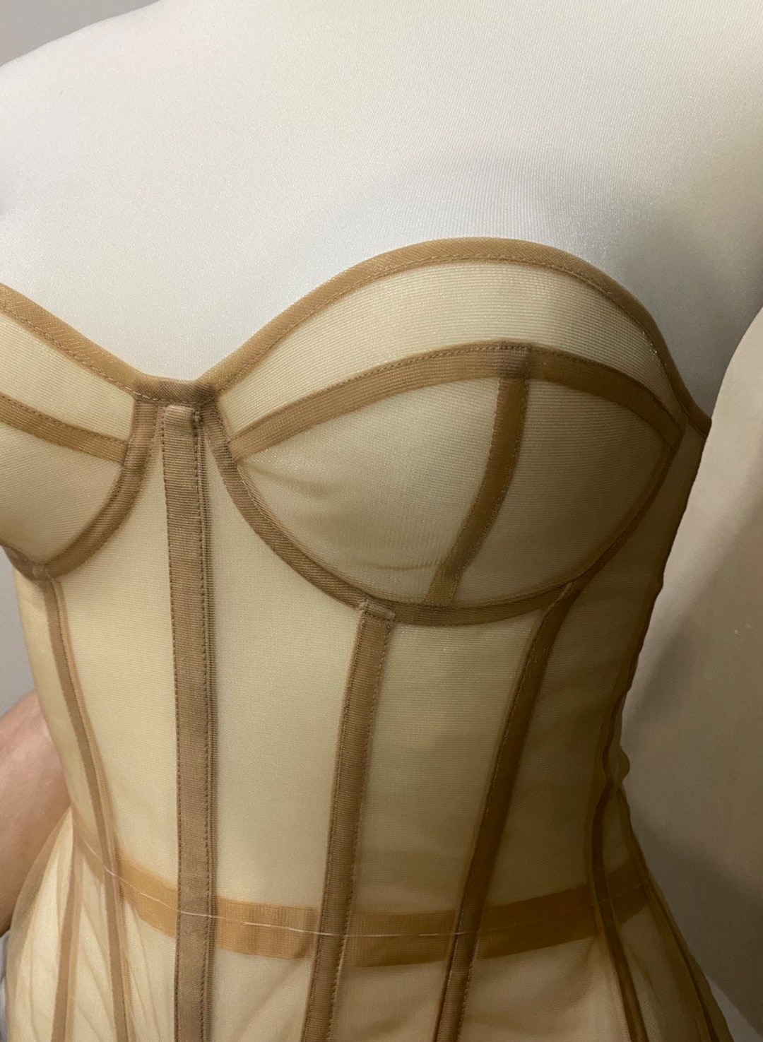 Sheer Dark Beige Corset With Cups, Transparent Mesh Corset, Custom ...