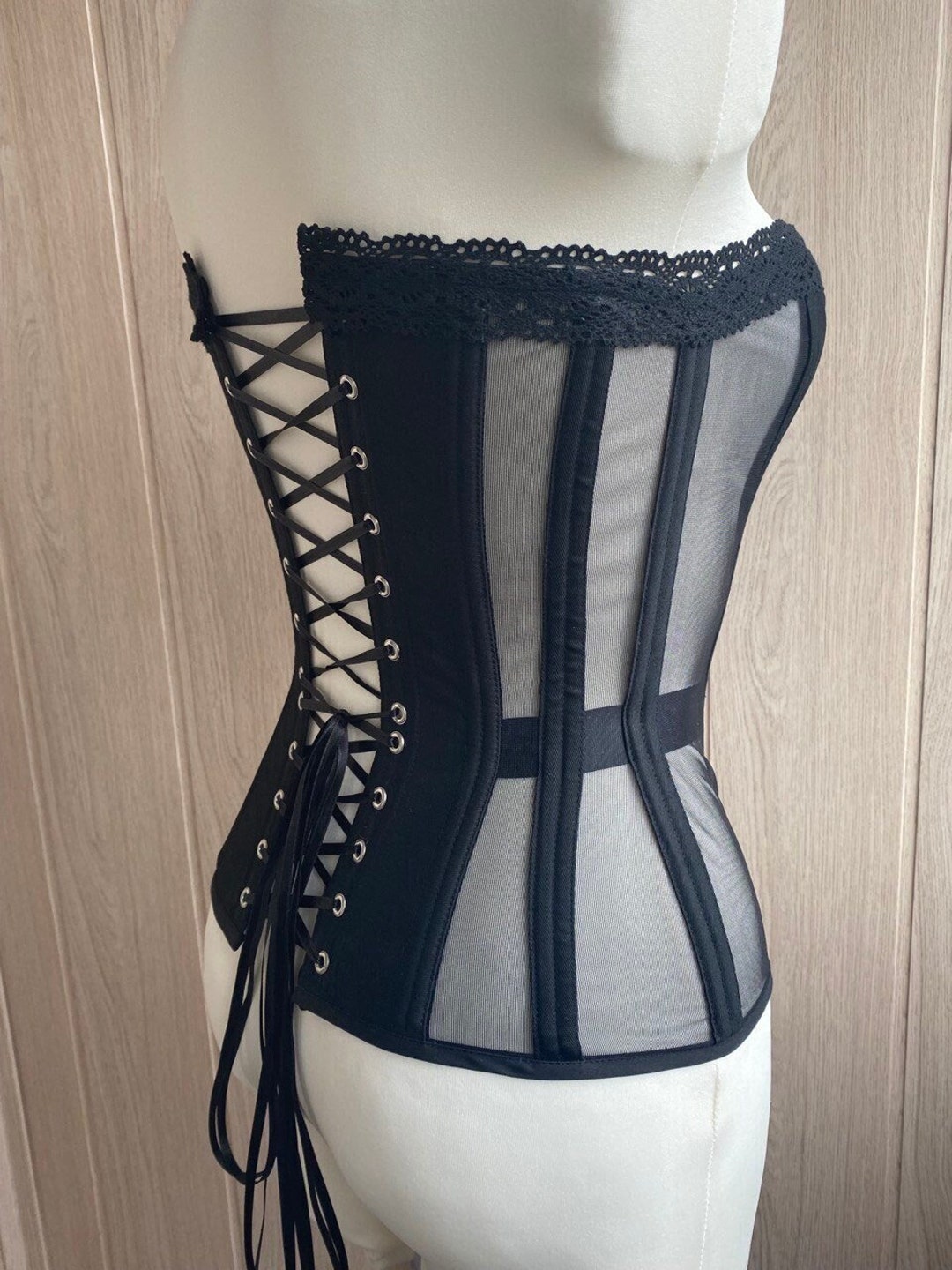 Midbust Victorian Corset With Lace and Busk, Historical Black Cotton ...