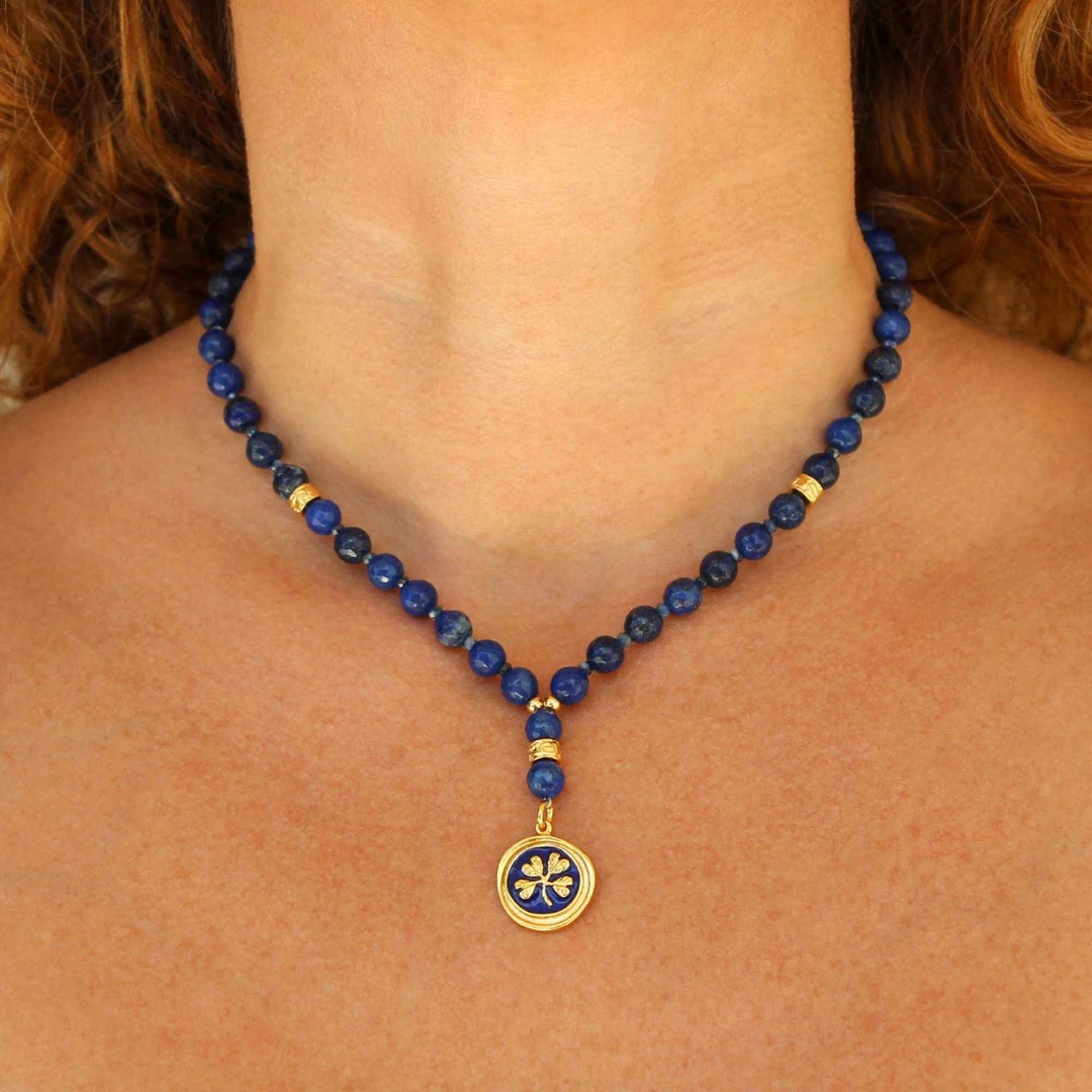 Navy Blue Clover Necklace, Lapis Lazuli Statement Necklace, Natural ...