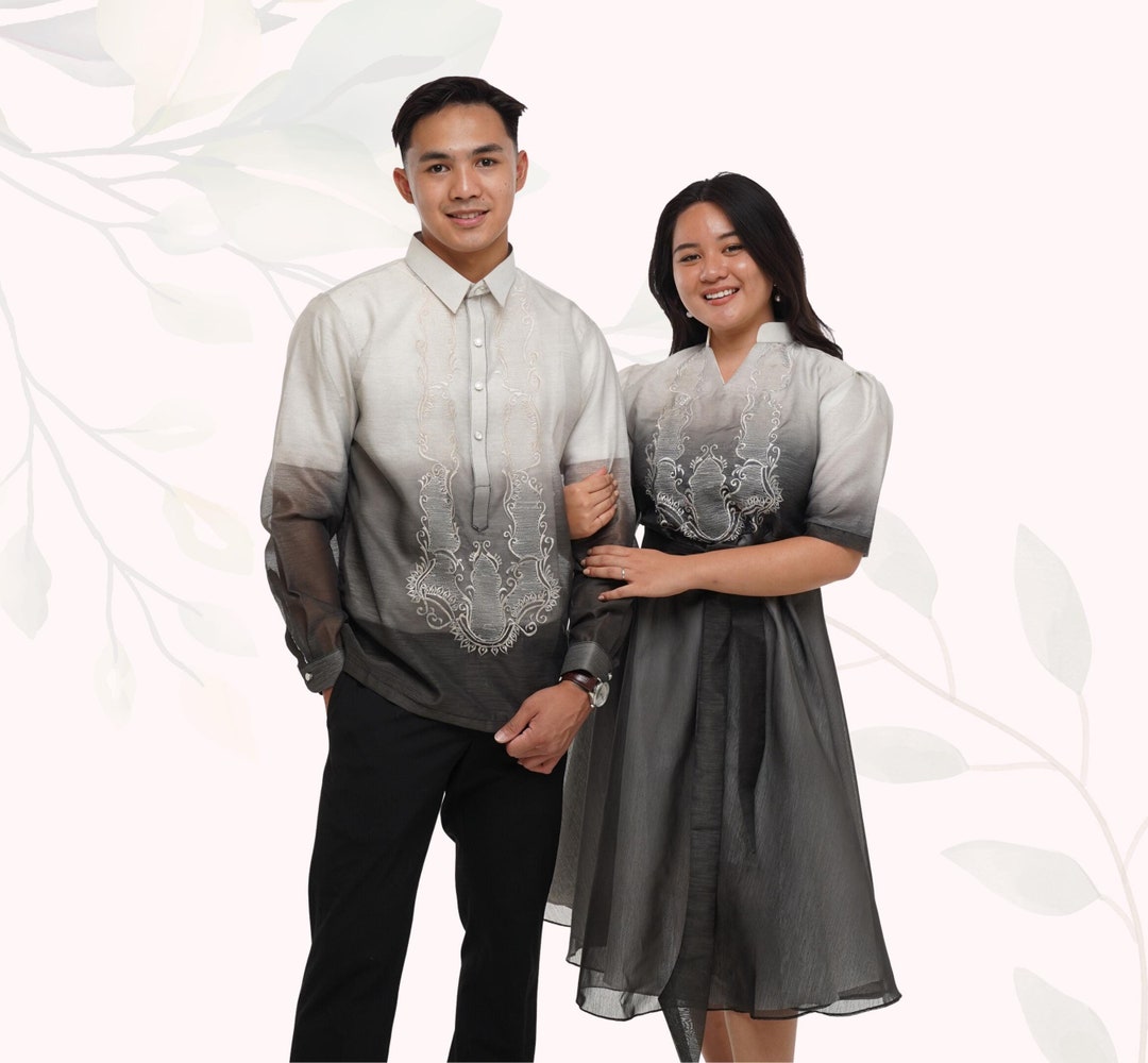 Couples Set Black Organza Barong Tagalog Barong Dress Nick & Rose JV873 ...