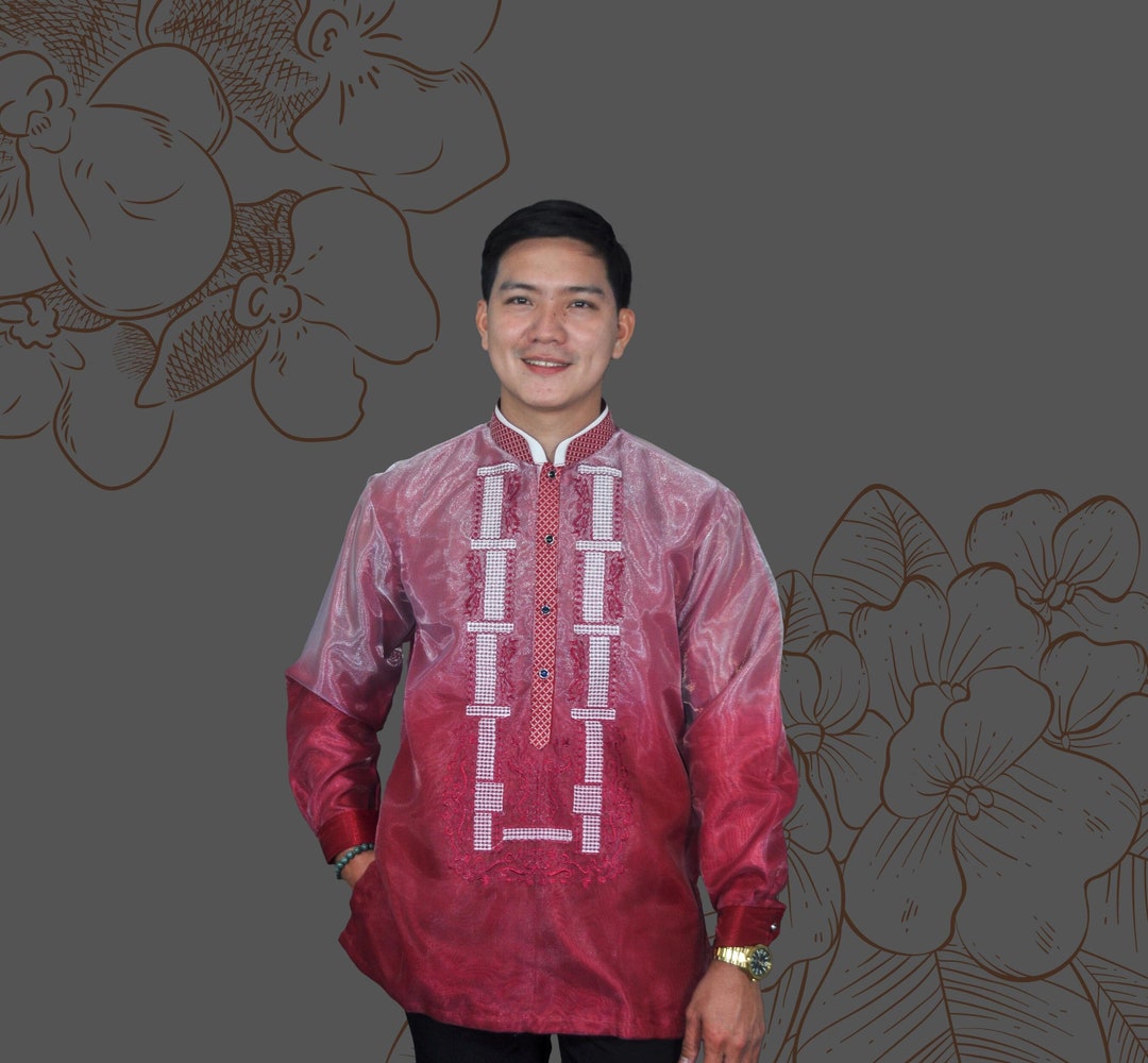 Elegant Red Ombre Barong Tagalog With Embroidery for Men Harry JK45 - Etsy