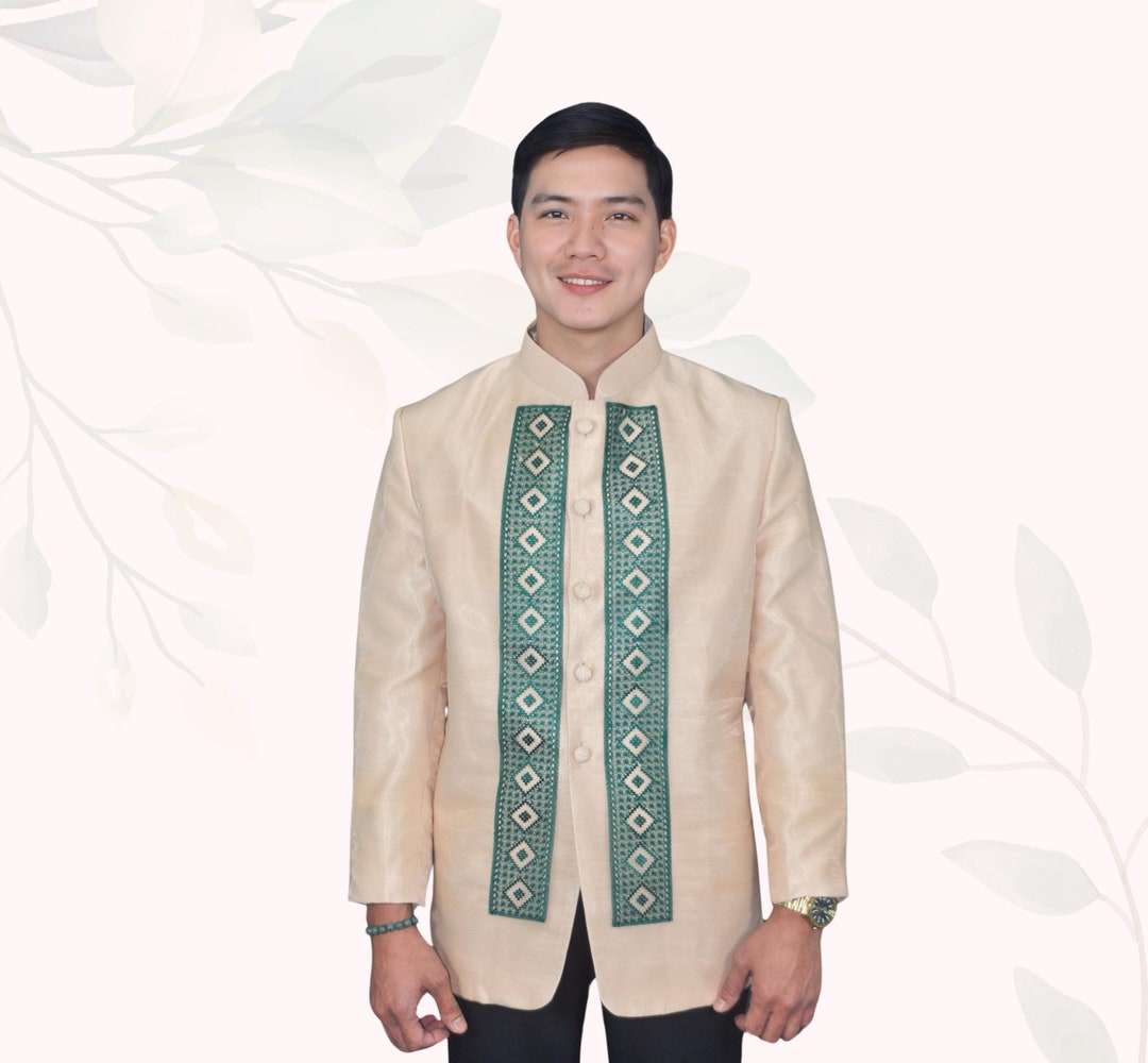 Classic Filipino Barong Tagalog in Light Cream With Unique Green ...