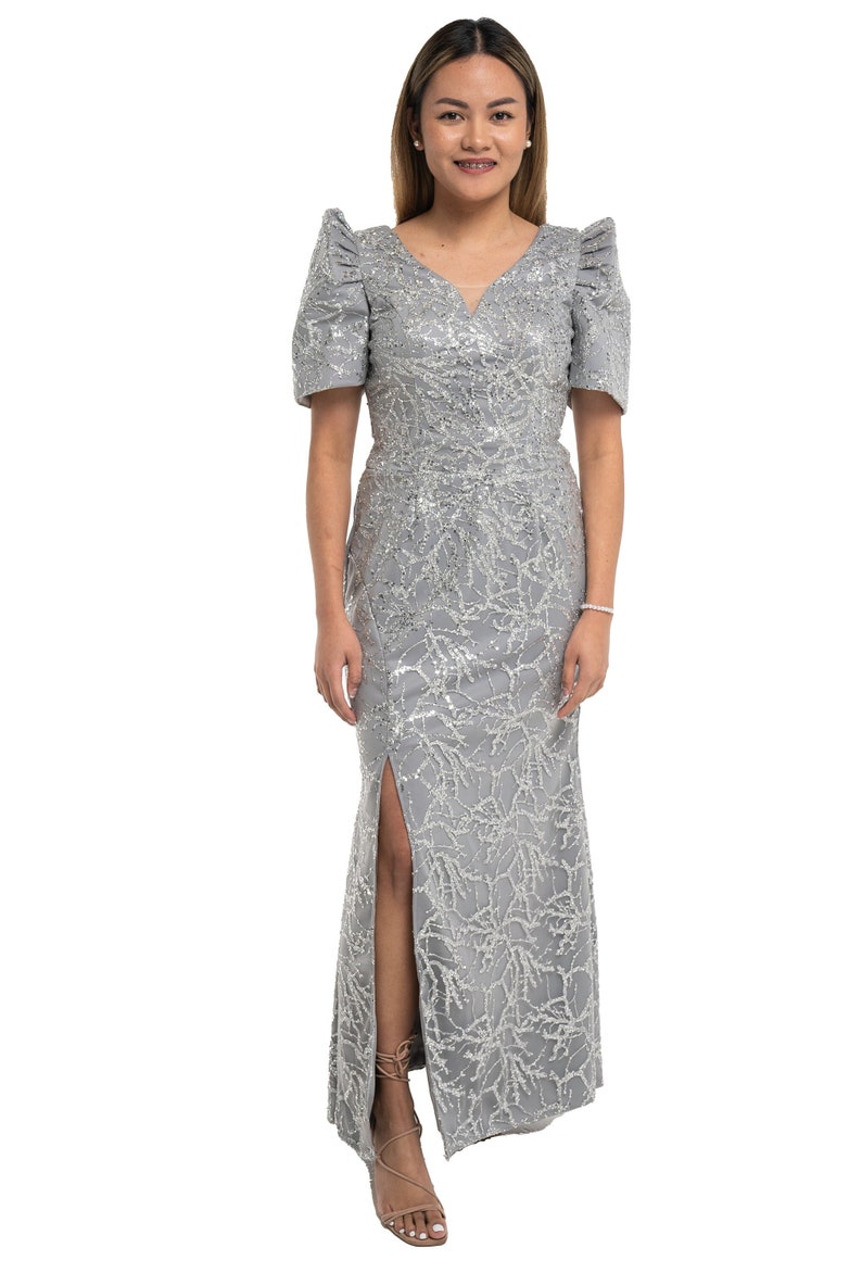 Neoprene Silver Filipiniana Full Studded Lace Long Gown Bea